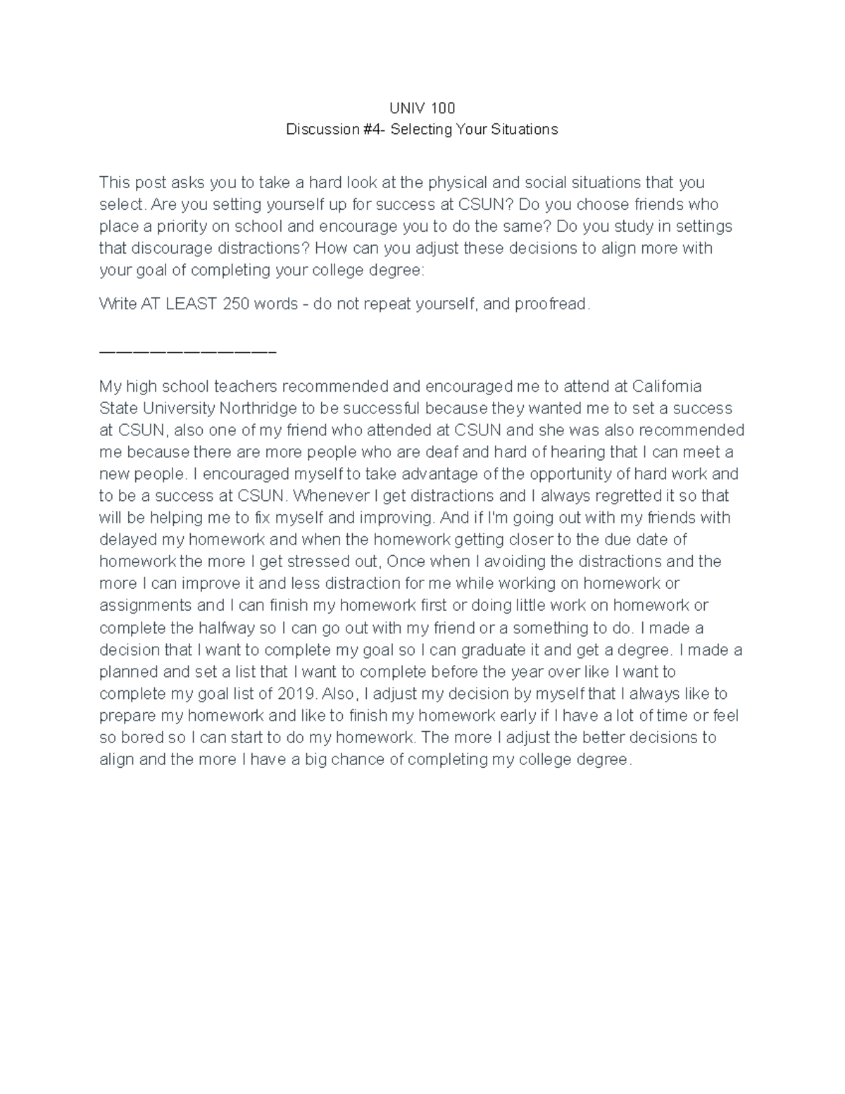 UNIV 100 Discussion #4 - Professor: Debbi Mercado Fall 2019 - UNIV 100 ...