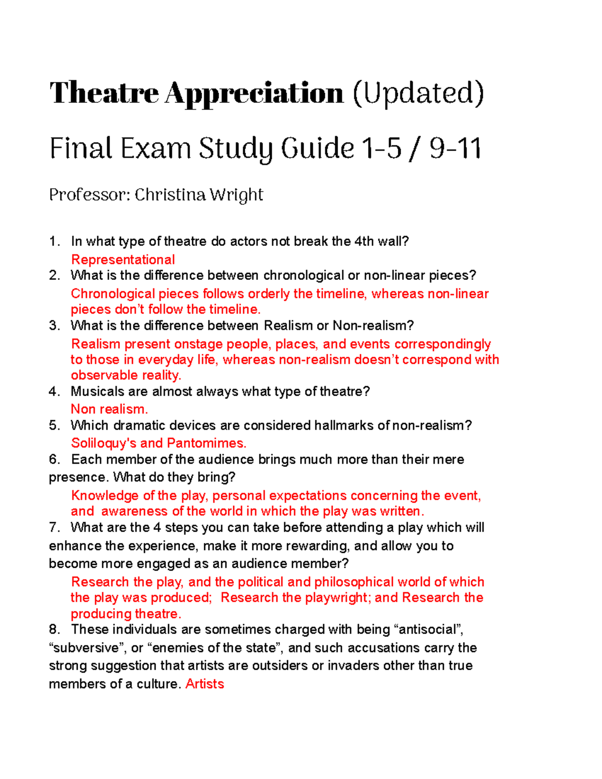 Final Study Guide 1 - Intro To Hum. 2022-2023 - Theatre Appreciation ...