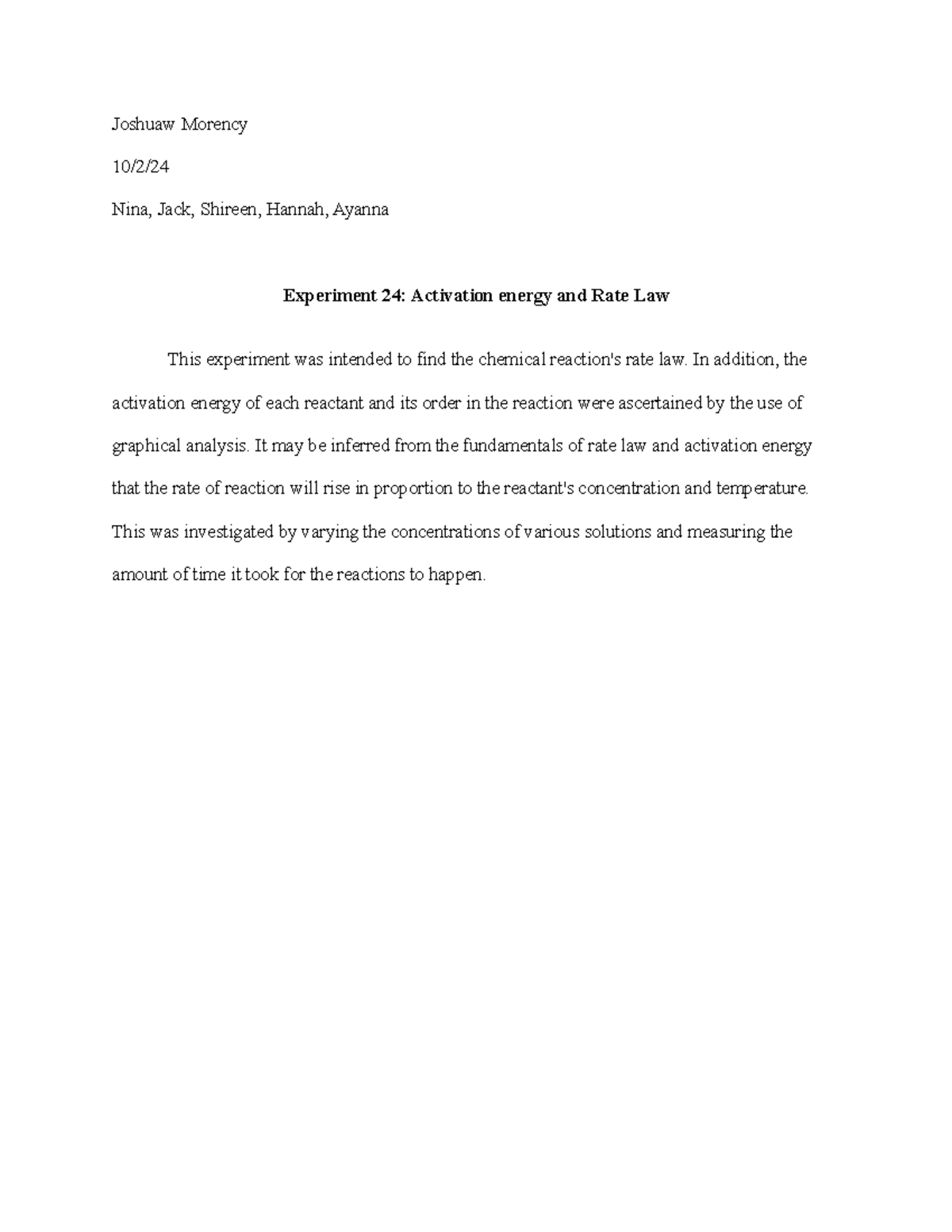 Experiment 15 Chem 2 Lab - Joshuaw Morency 10/2/ Nina, Jack, Shireen ...