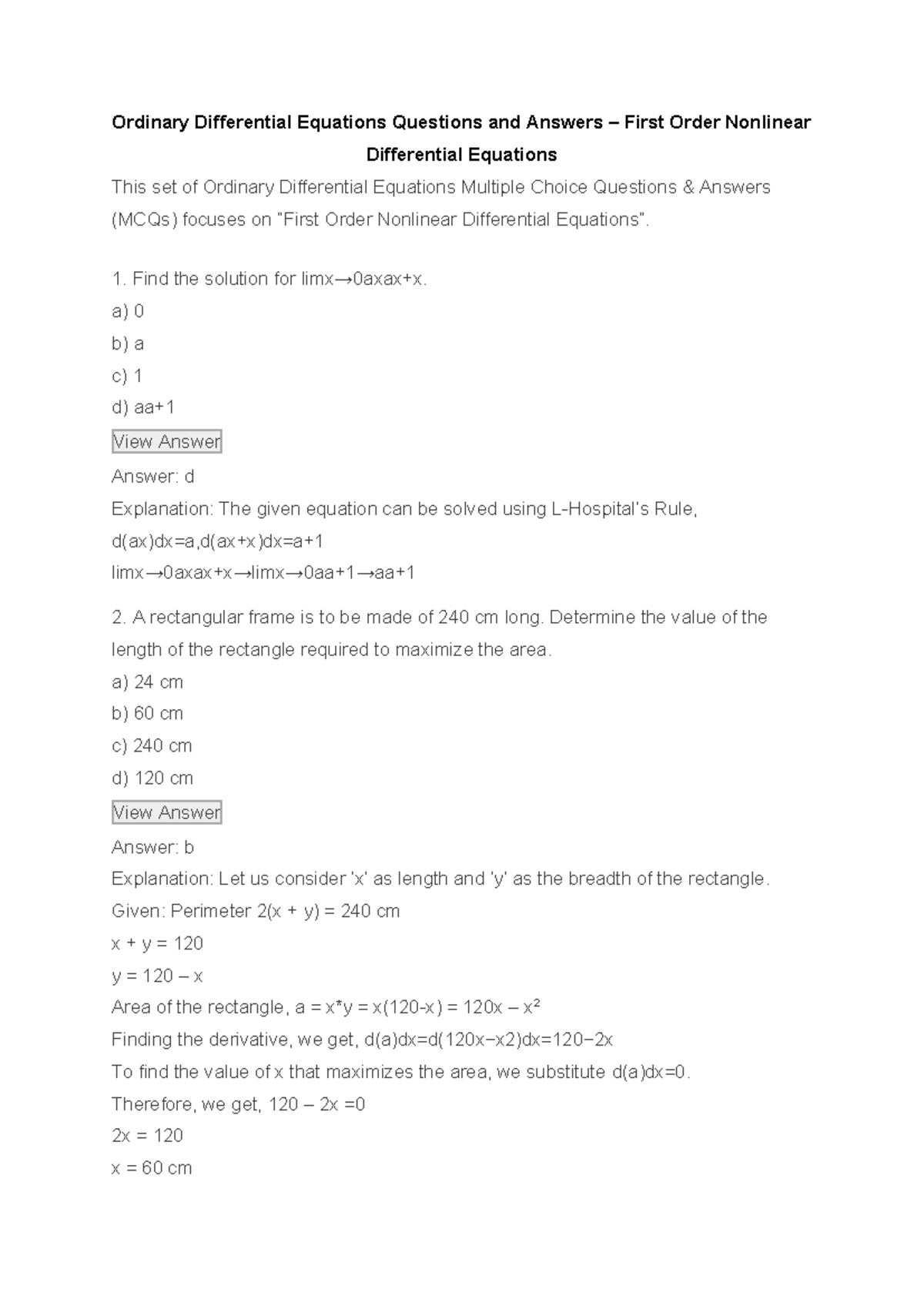 Ordinary Differential Equations Questions and Answer 2 - Find the ...