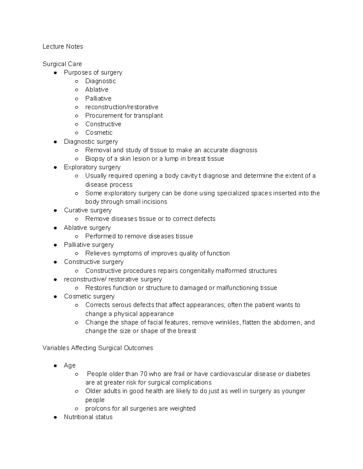 Surgical Care notes - Lecture Notes Surgical Care Purposes of surgery ...