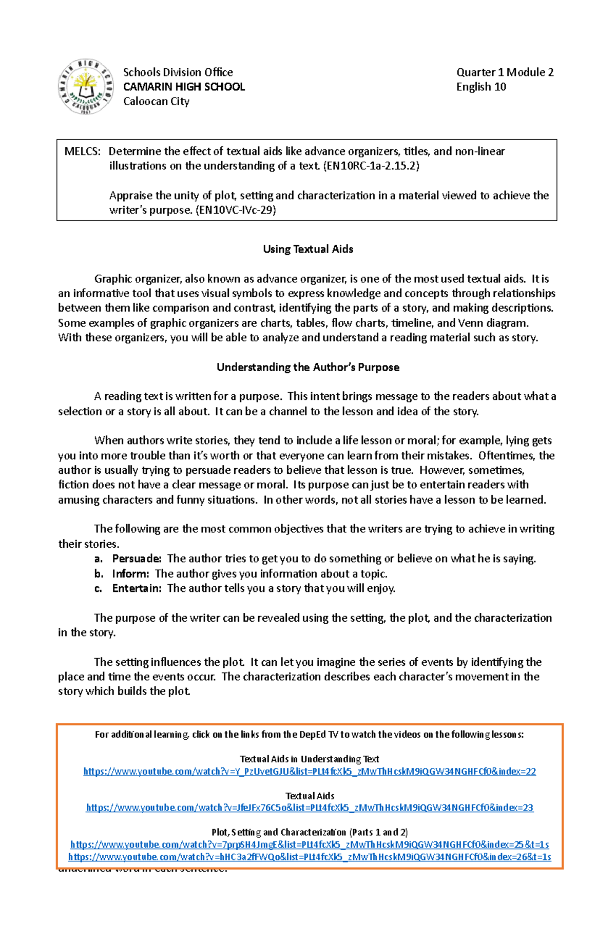 Quarter 1 Module 2 Textual Aids And Authors Purpose Schools Division 