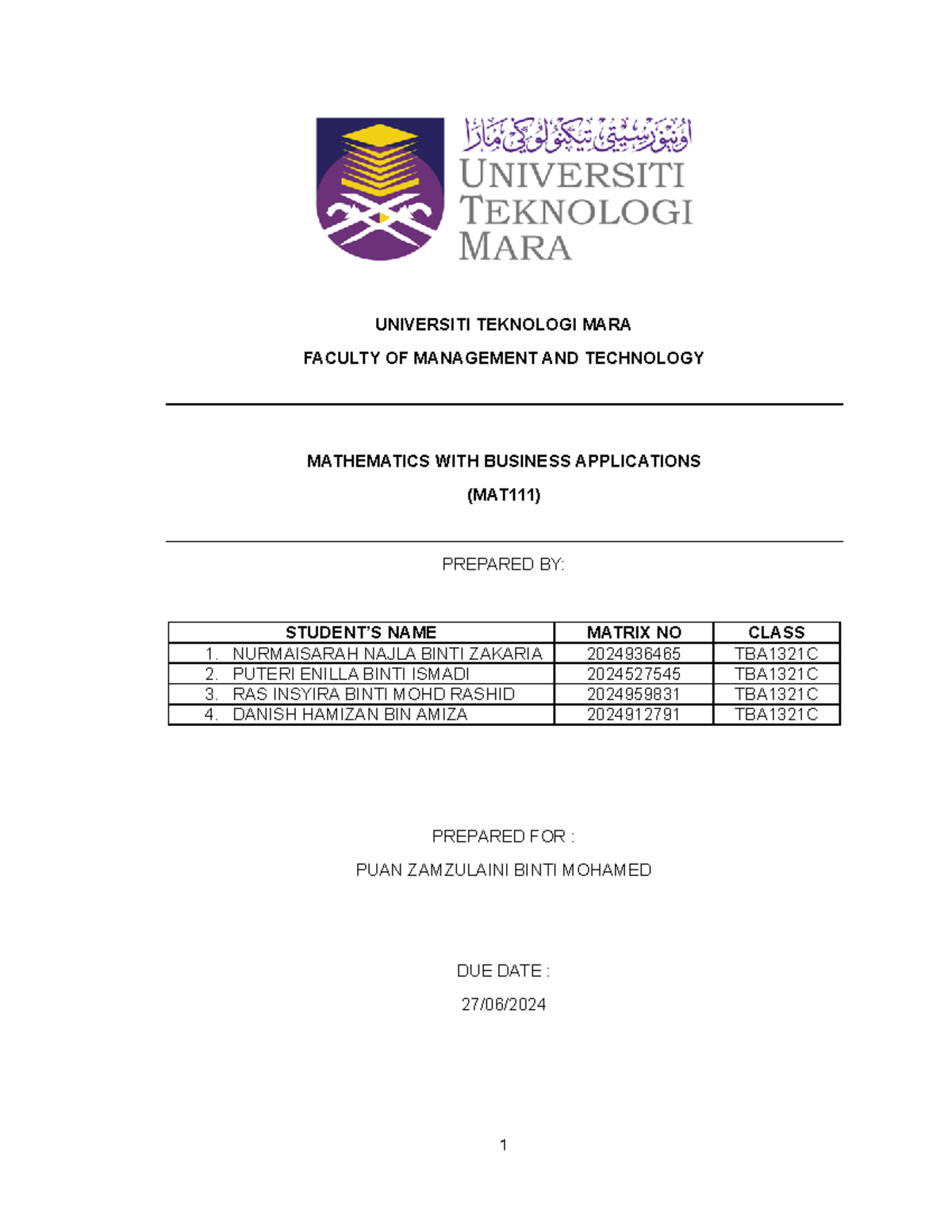 MAT 111 - i wish it can help you - UNIVERSITI TEKNOLOGI MARA FACULTY OF ...