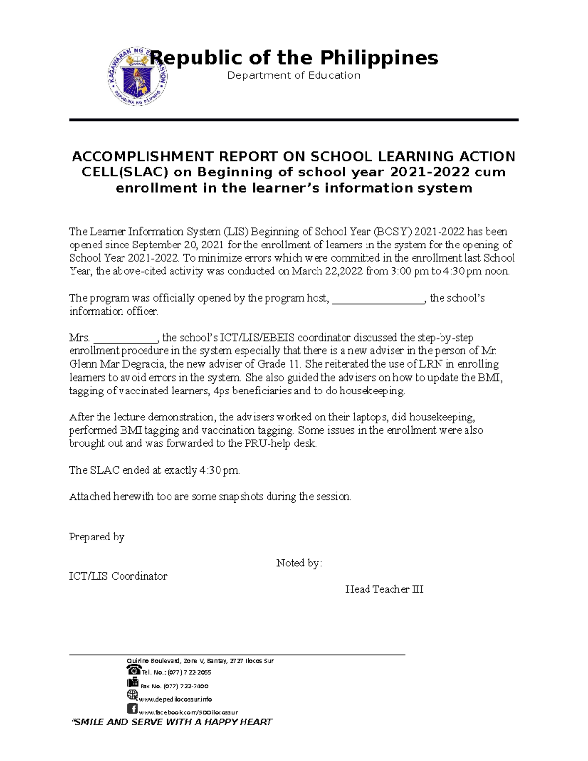 SLAC Accomplishment - Republic of the Philippines Department of Education ACCOMPLISHMENT REPORT ...