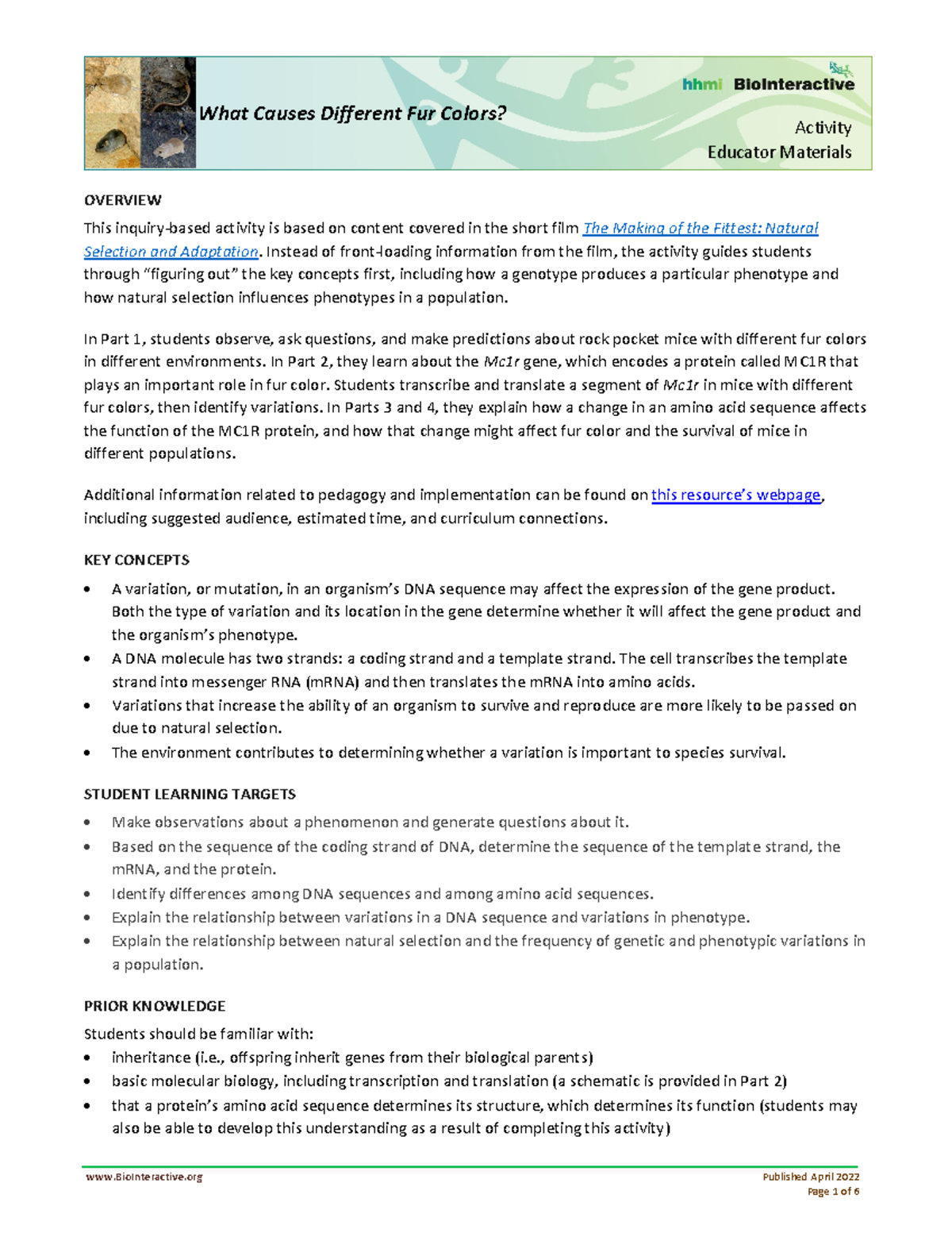 Diff Fur Colors-Educator-act - BioInteractive Published April 2022 ...