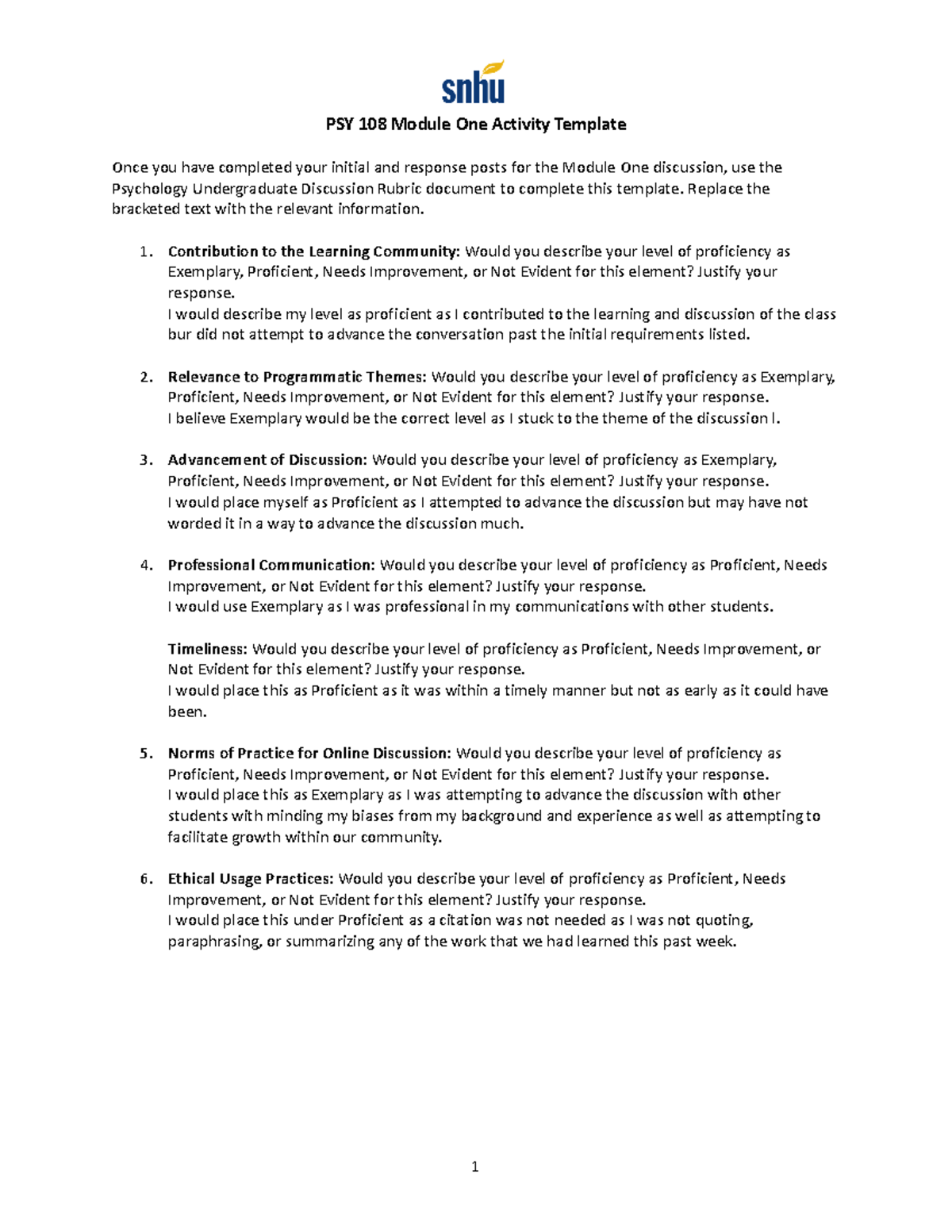 PSY 108 Module One Activity Template - PSY-108 - SNHU - Studocu