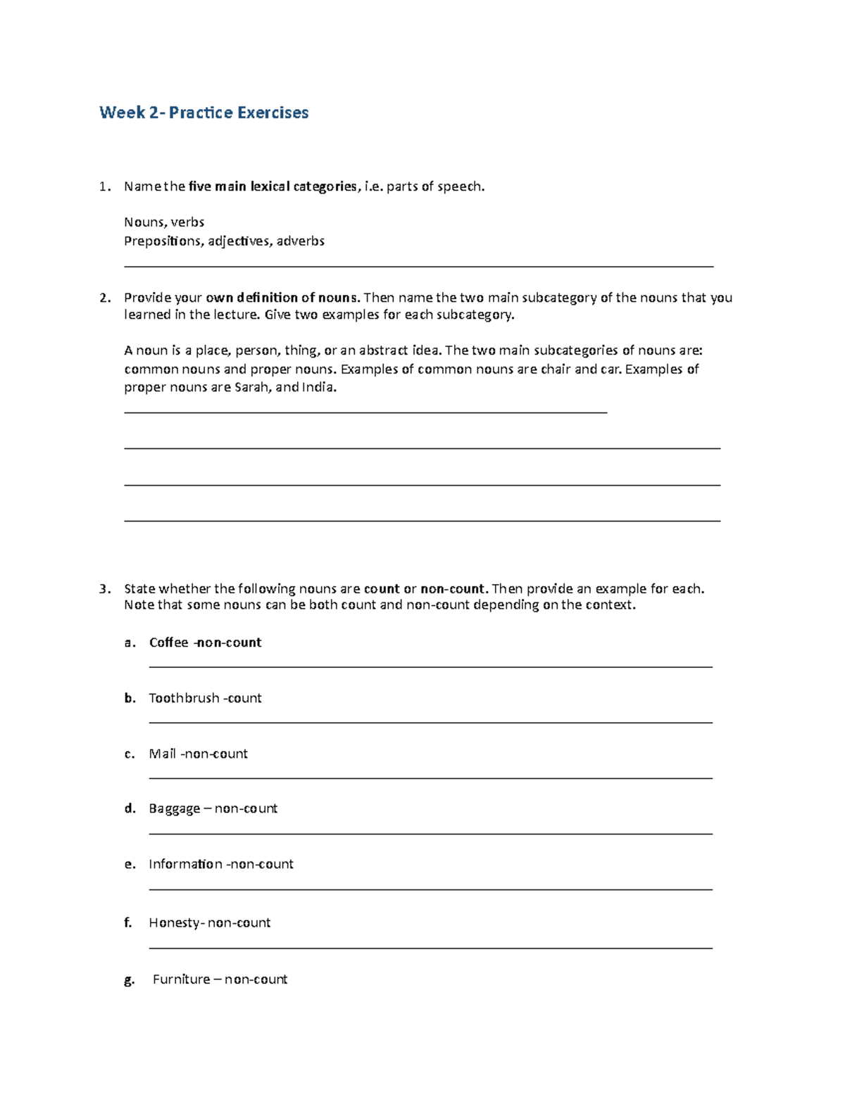 Week 2-Practice Exercises - Week 2- Practice Exercises Name the five main lexical categories , i ...