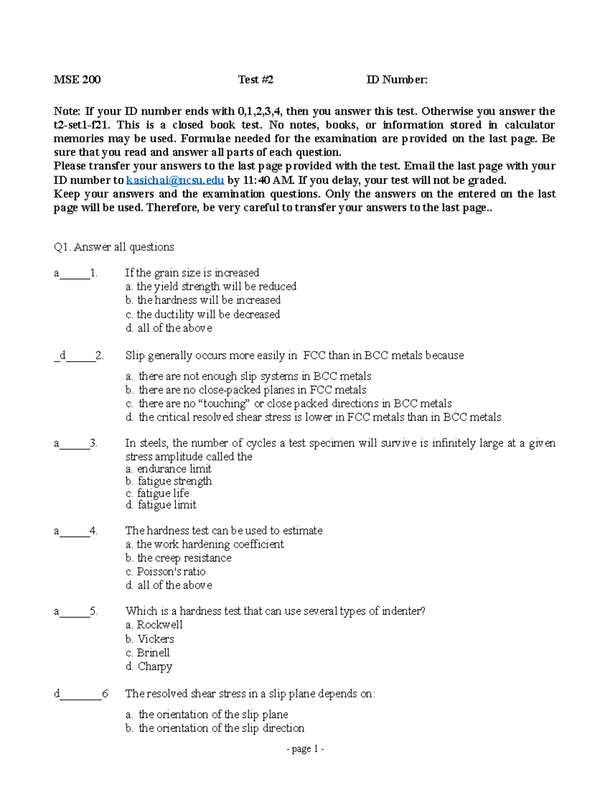 T2 set2 f21 key - Test 2 - MSE 200 Test #2 ID Number: Note: If your ID ...