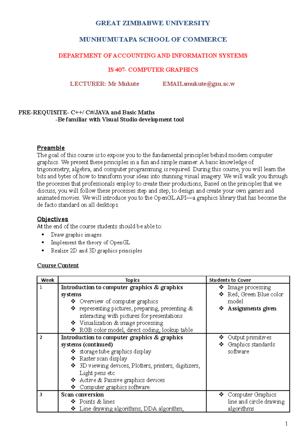 IS 407 Computer Graphics Outline - GREAT ZIMBABWE UNIVERSITY ...