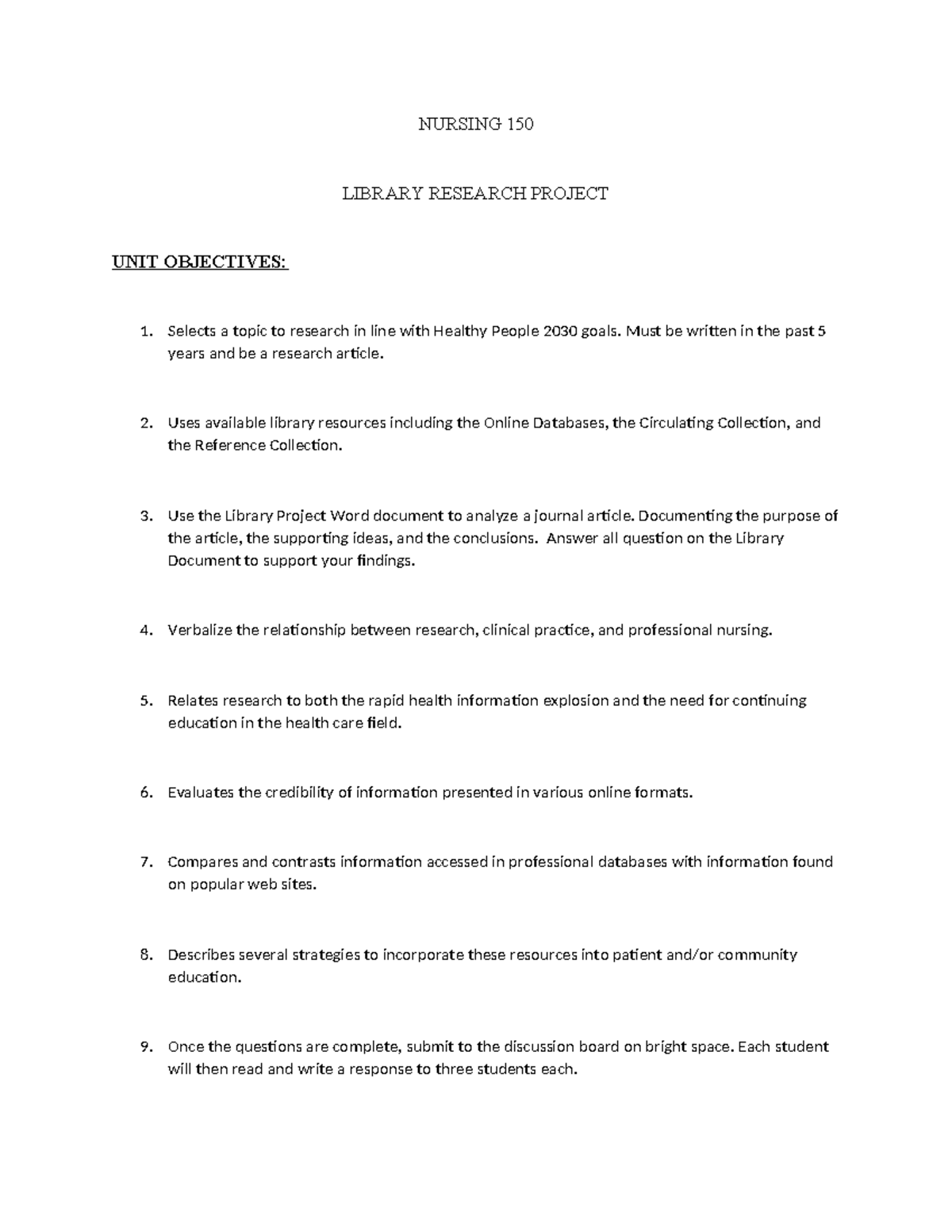 Library Research Project Unit Objectives - NURSING 150 LIBRARY RESEARCH ...