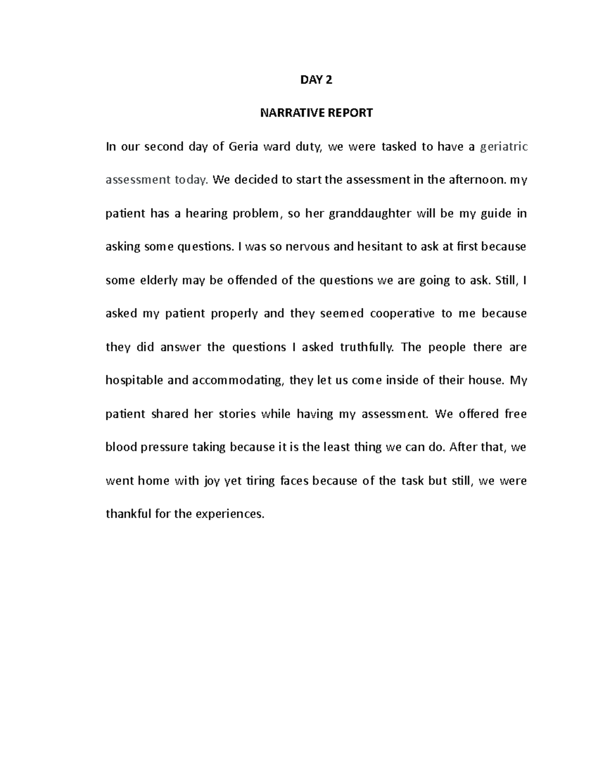 My activity- Narrative report- day two - DAY 2 NARRATIVE REPORT In our ...