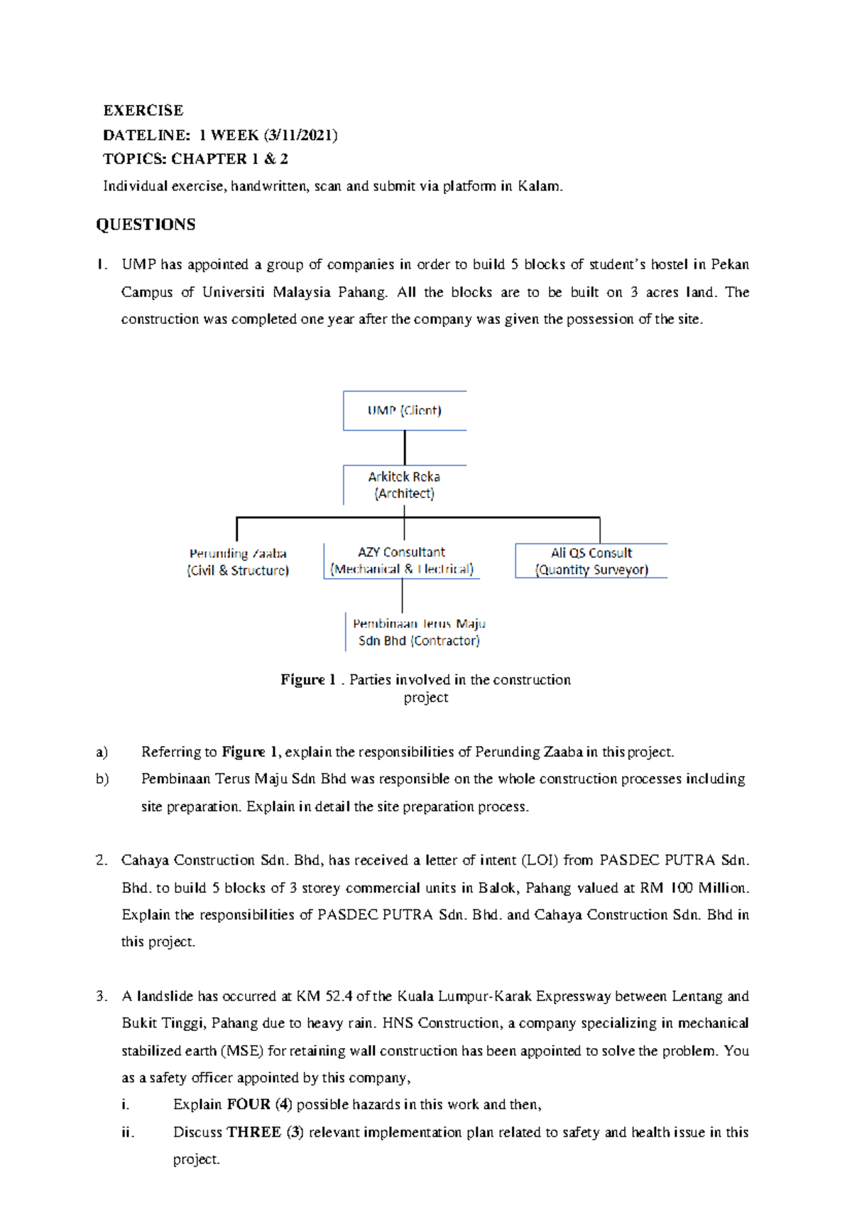 Exercise - CONSTRUCTION ENGINEERING - EXERCISE DATELINE: 1 WEEK (3/11 ...