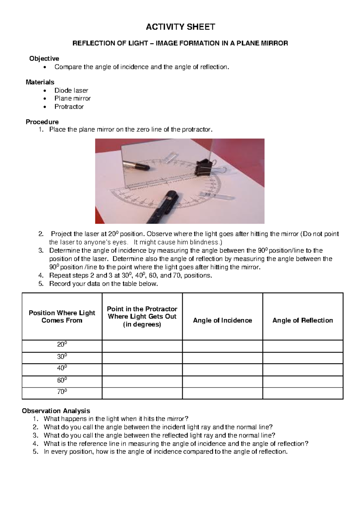Science Q2 Worksheet - Activity Sheet for Images and Mirrors - ACTIVITY ...