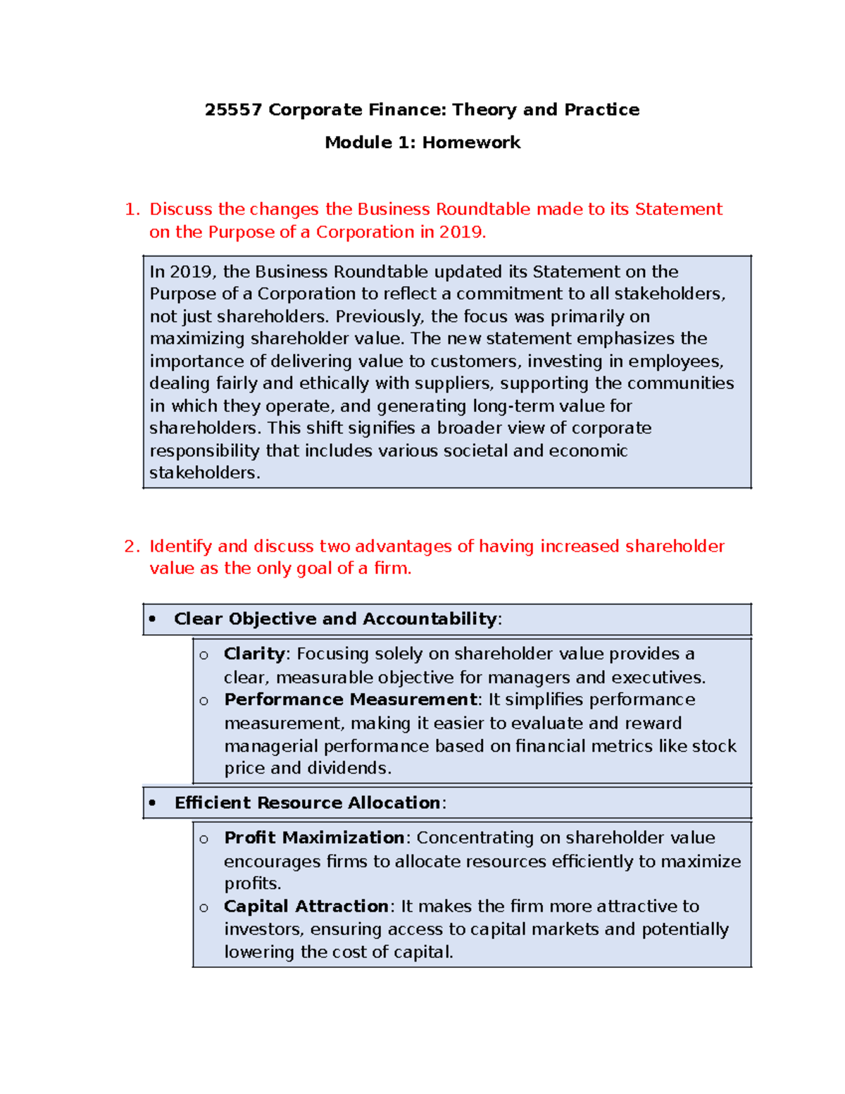 25557 CFTP - Module 1 Homework - 25557 Corporate Finance: Theory and ...