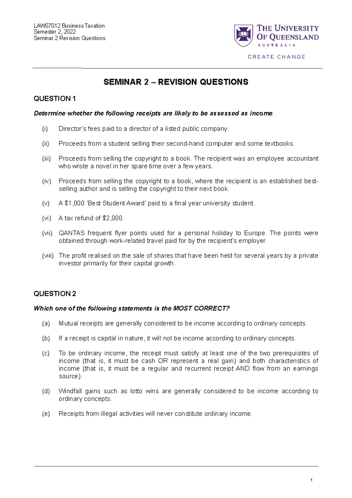 7012 QUE2 - law - Seminar 2 Revision Questions SEMINAR 2 – REVISION ...