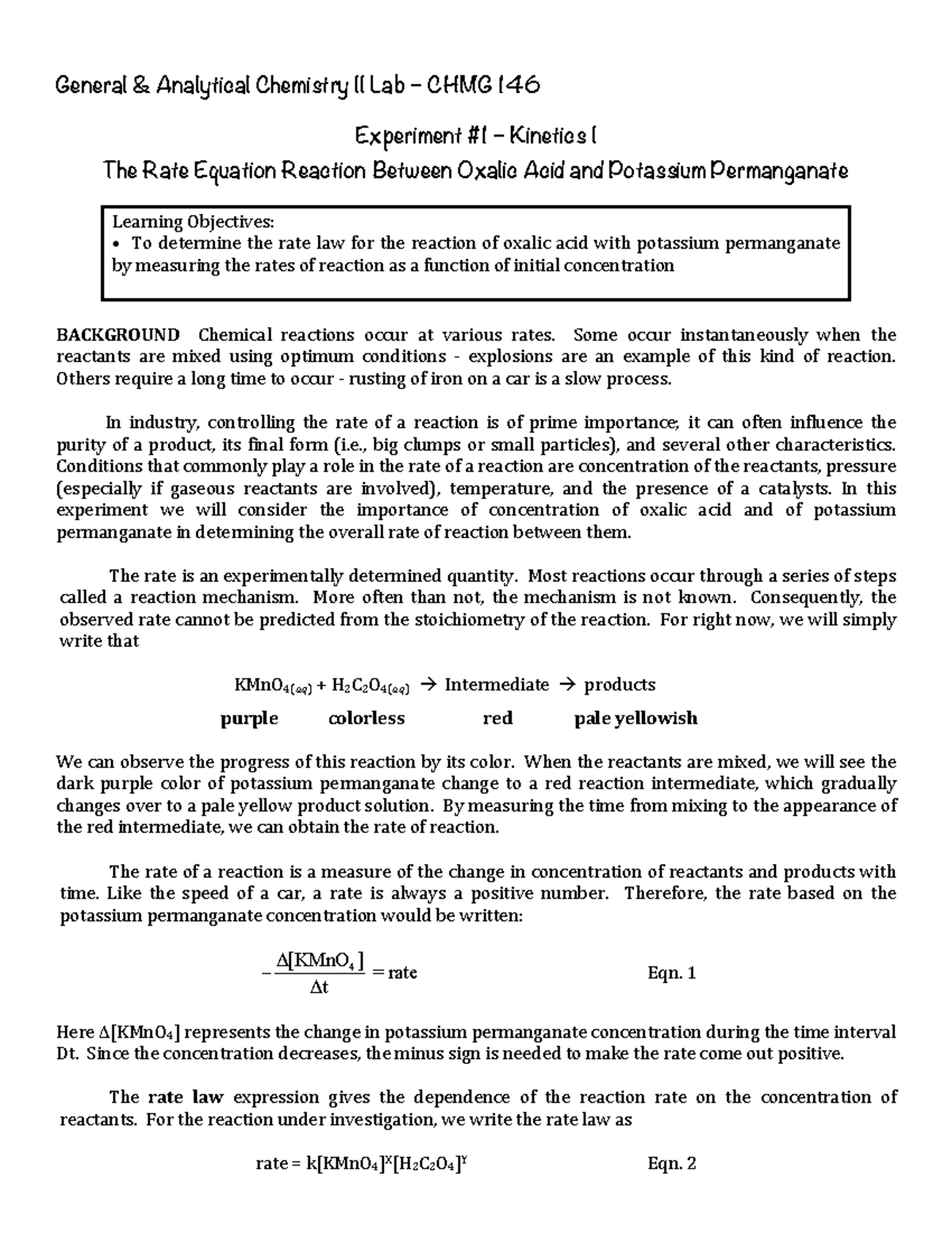 Lab 1 - Kinetics 1 - General & Analytical Chemistry II Lab – CHMG 146 ...