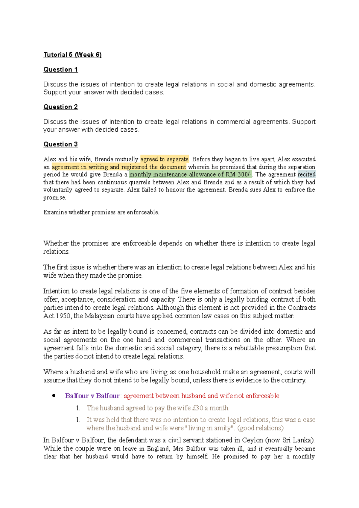 Year 1 Sem 1 Contract Tut 5 - Tutorial 5 (Week 6) Question 1 Discuss ...