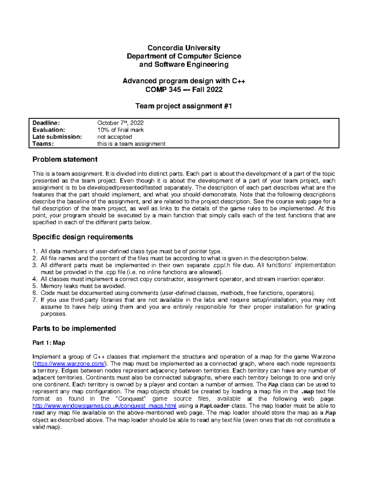 Assignment 1.COMP345 - RISK Game - Concordia University Department of Computer Science and ...