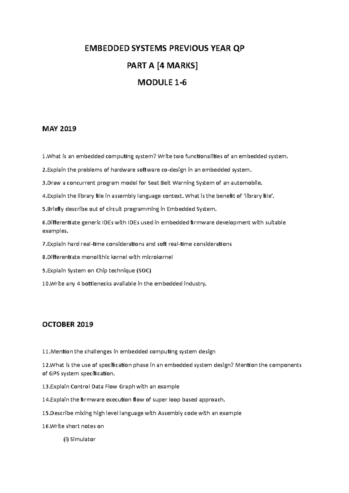 ES PREV QP M1 to M6 - previous year questions module 1 to module 6 - EMBEDDED SYSTEMS PREVIOUS ...