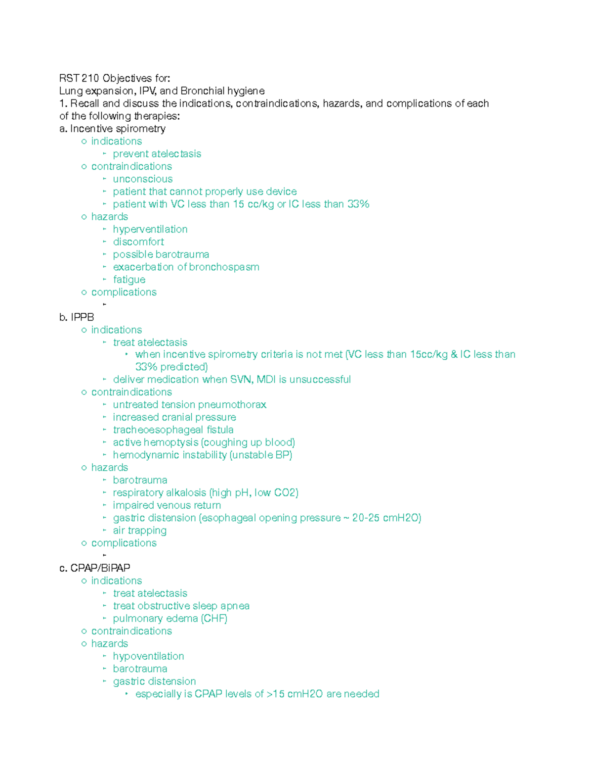 Lung expansion, IPV, bronchial hygiene - RST 210 Objectives for: Lung ...