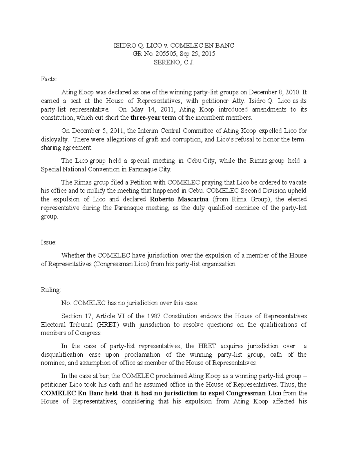 LICO vs Comelec Comelec Law - ISIDRO Q. LICO v. COMELEC EN BANC GR No ...