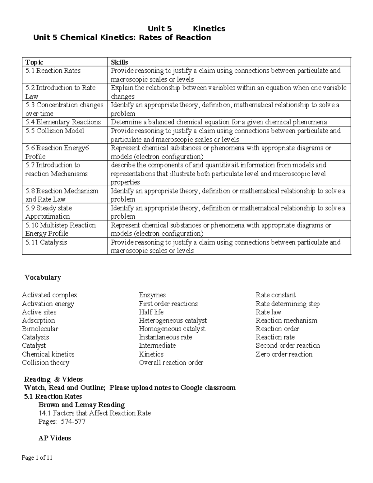 AP Unit 5 Kinetics outline - Unit 5 Kinetics Unit 5 Chemical Kinetics ...