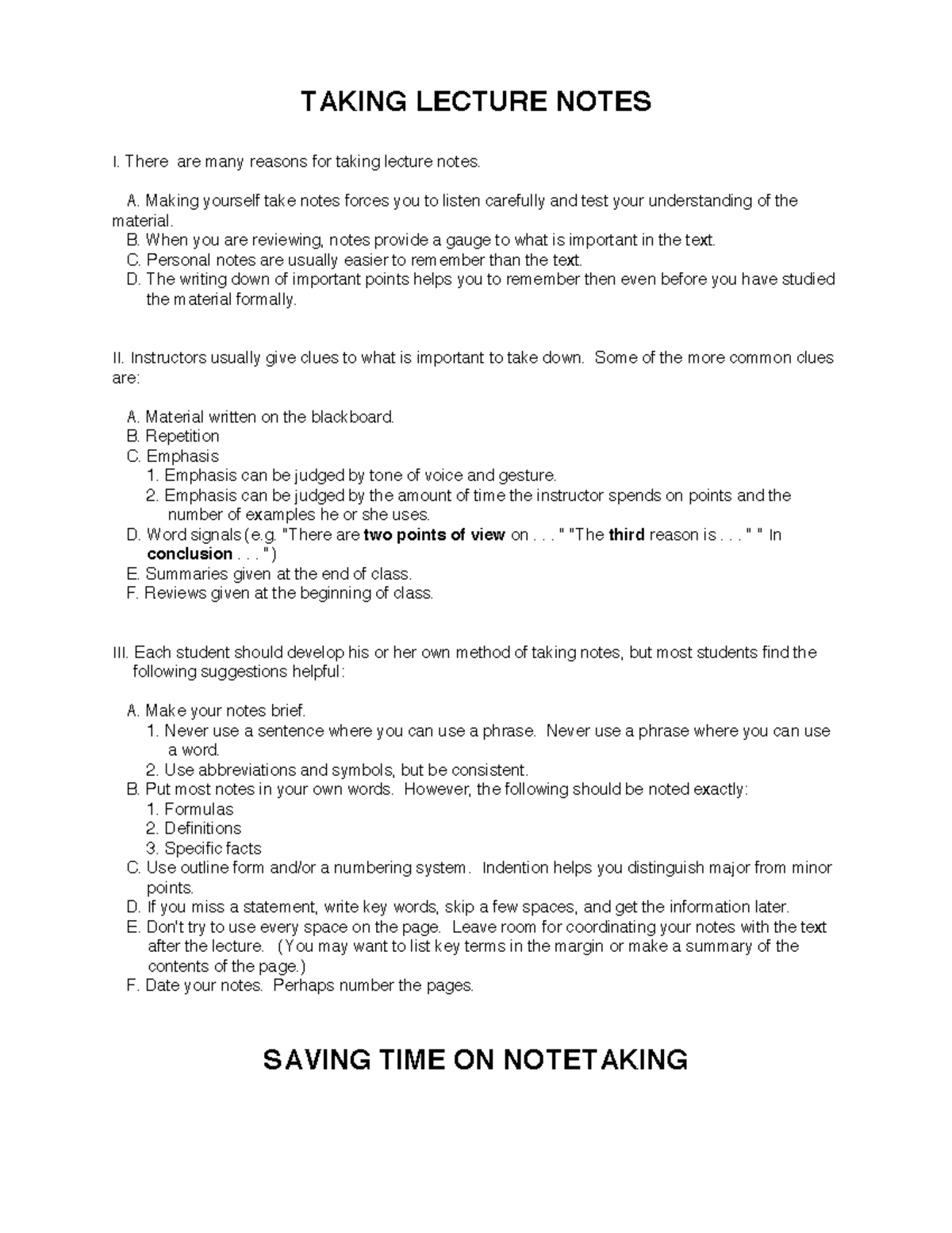 Notetaking tips - TAKING LECTURE NOTES I. There are many reasons for ...