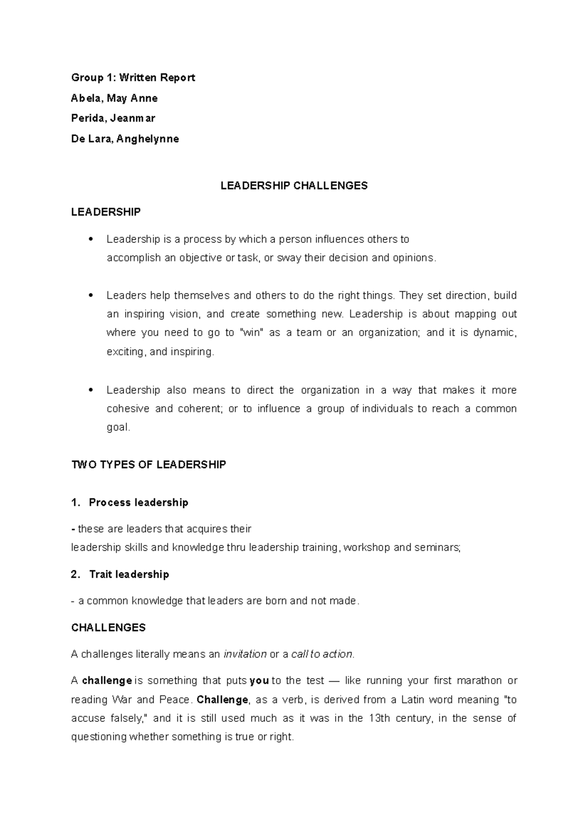 Module 3-Leadership-Challenges - Group 1: Written Report Abela, May ...