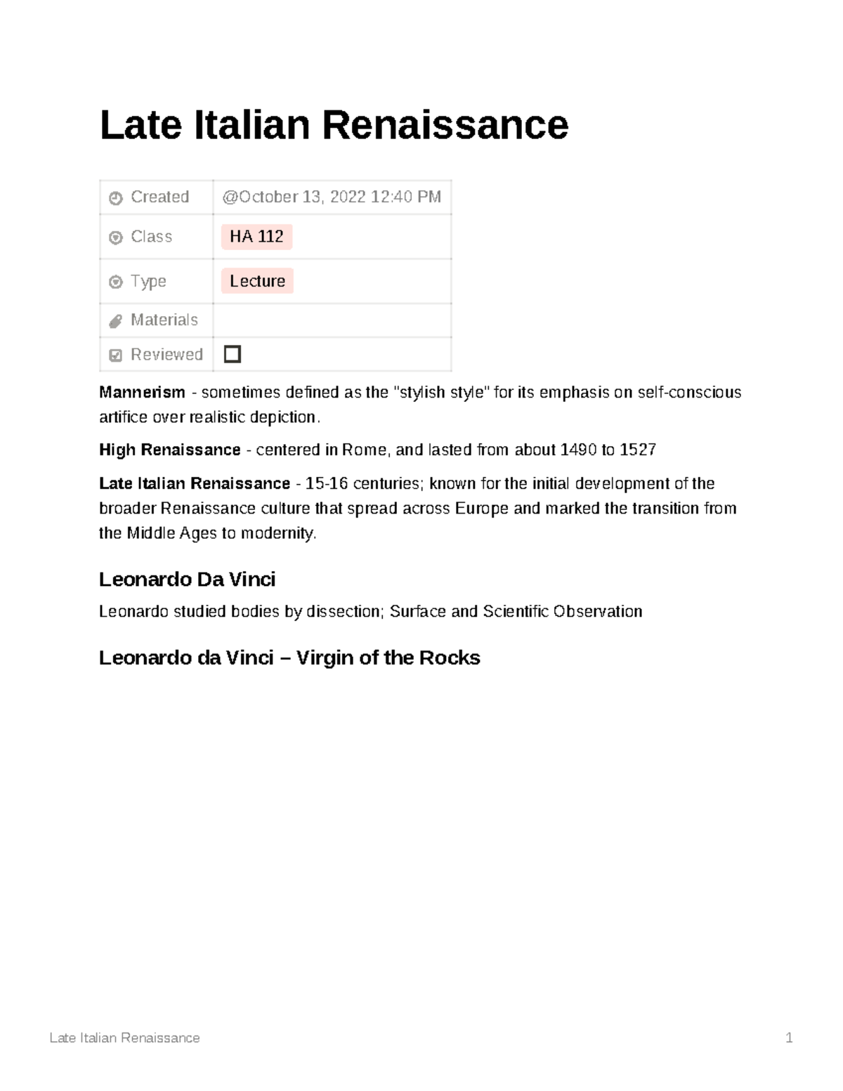 Late Italian Renaissance - Late Italian Renaissance Created Class HA ...
