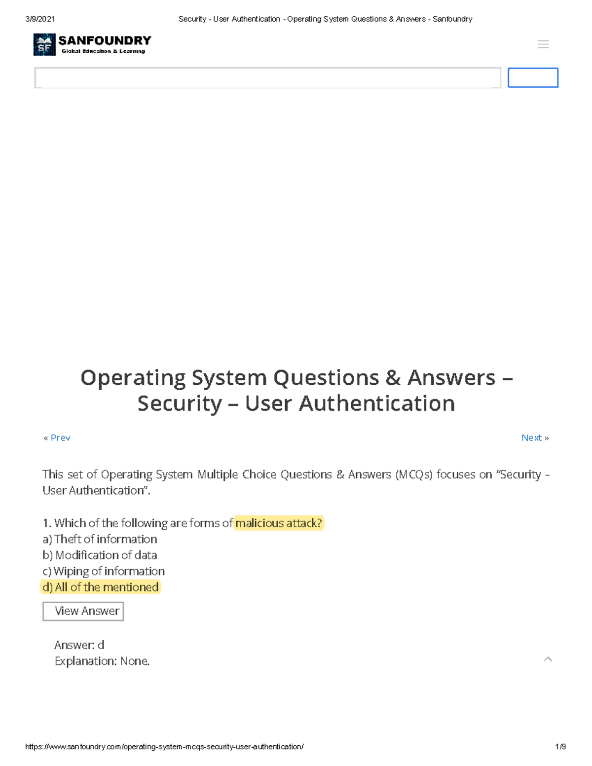 Security - User Authentication - Operating System Questions & Answers - Sanfoundry - « Prev Next ...