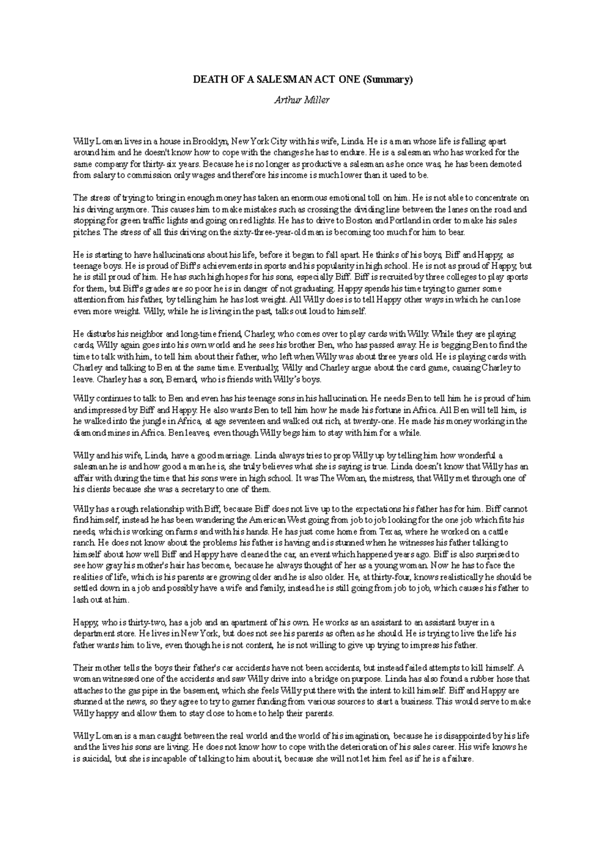 Death OF A Salesman ACT ONE - DEATH OF A SALESMAN ACT ONE (Summary ...