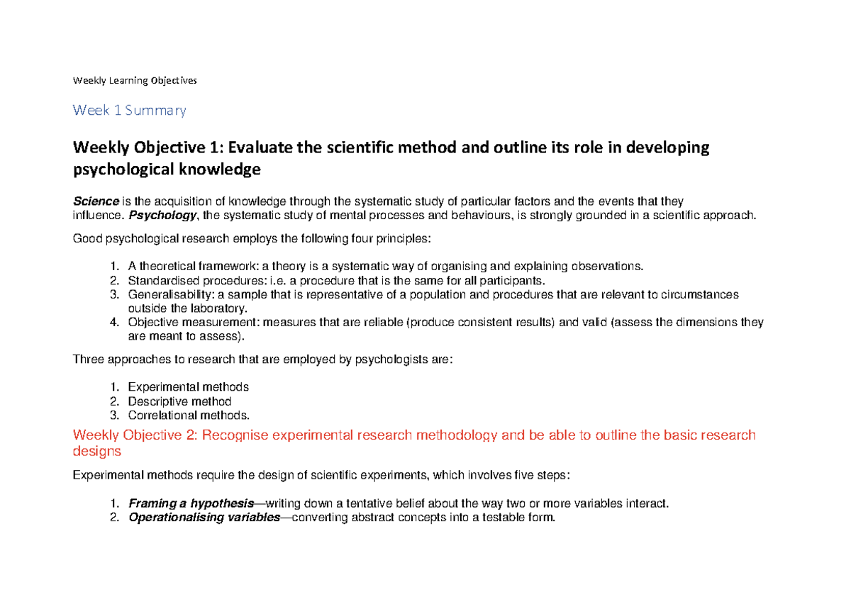 PSY10008 - Weekly Summaries ^0 Learning Objectives - ####### Weekly Learning Objectives Week 1 ...