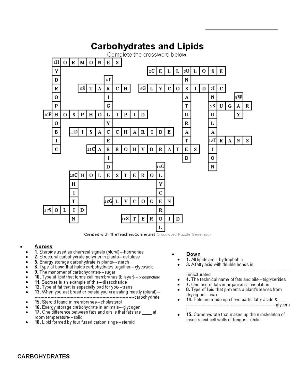 Crossword Carbohydrates and Lipids Answers - Carbohydrates and Lipids ...