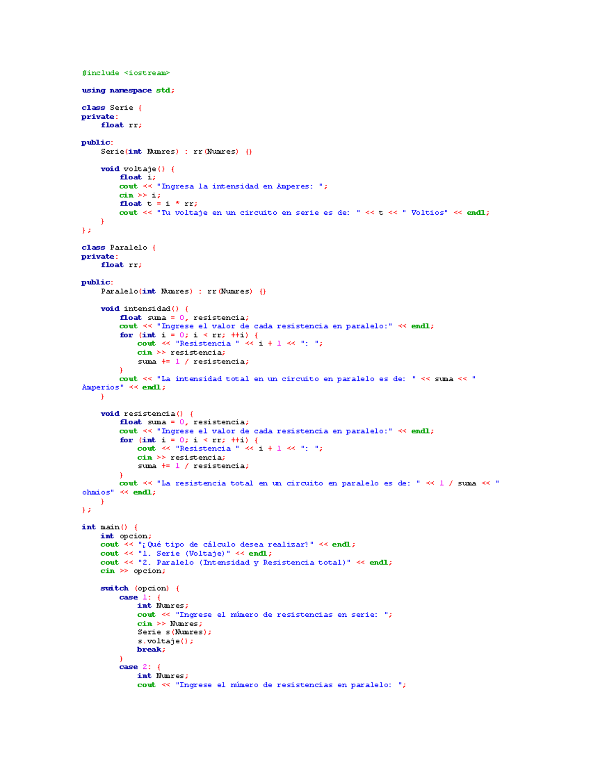 Circuito - #include using namespace std; class Serie { private: float rr; public: - Studocu
