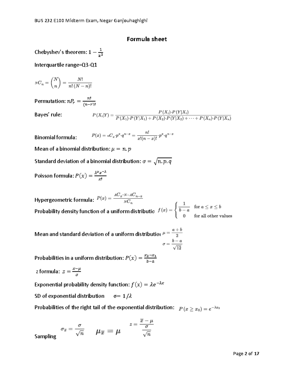 Formula sheet - BUS 232 E100 Midterm Exam, Negar Ganjouhaghighi Page 2 ...
