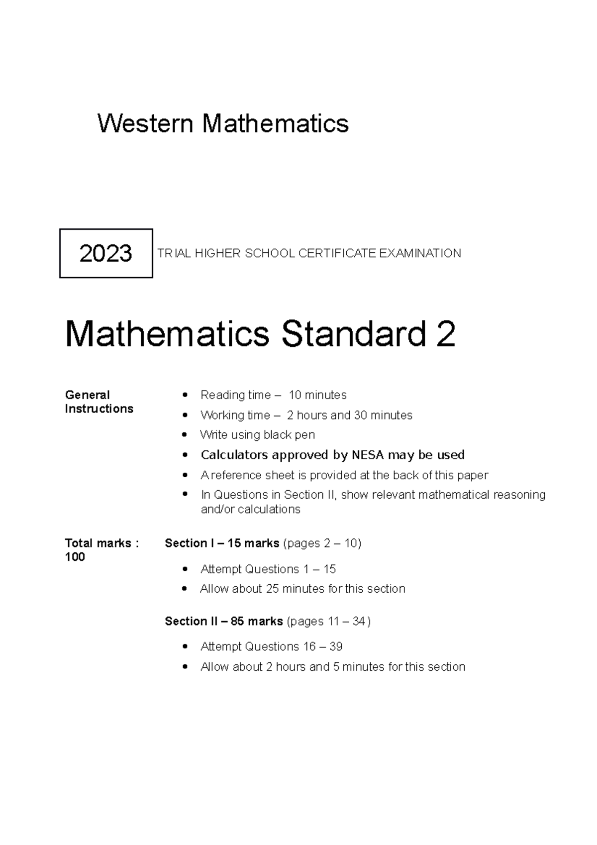 WME 2023 Mathematics Standard 2 Trial HSC Exam - Western Mathematics ...