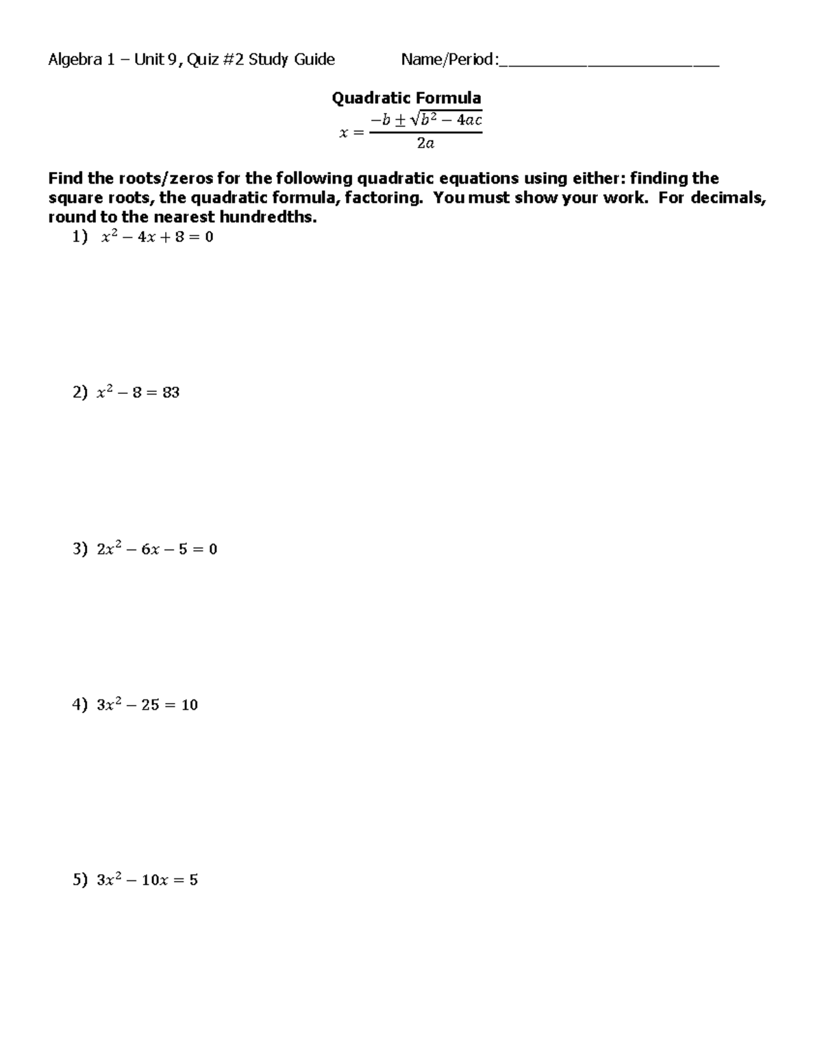 Unit 10, Quiz 2 Study Guide - Algebra 1 – Unit 9, Quiz #2 Study Guide ...