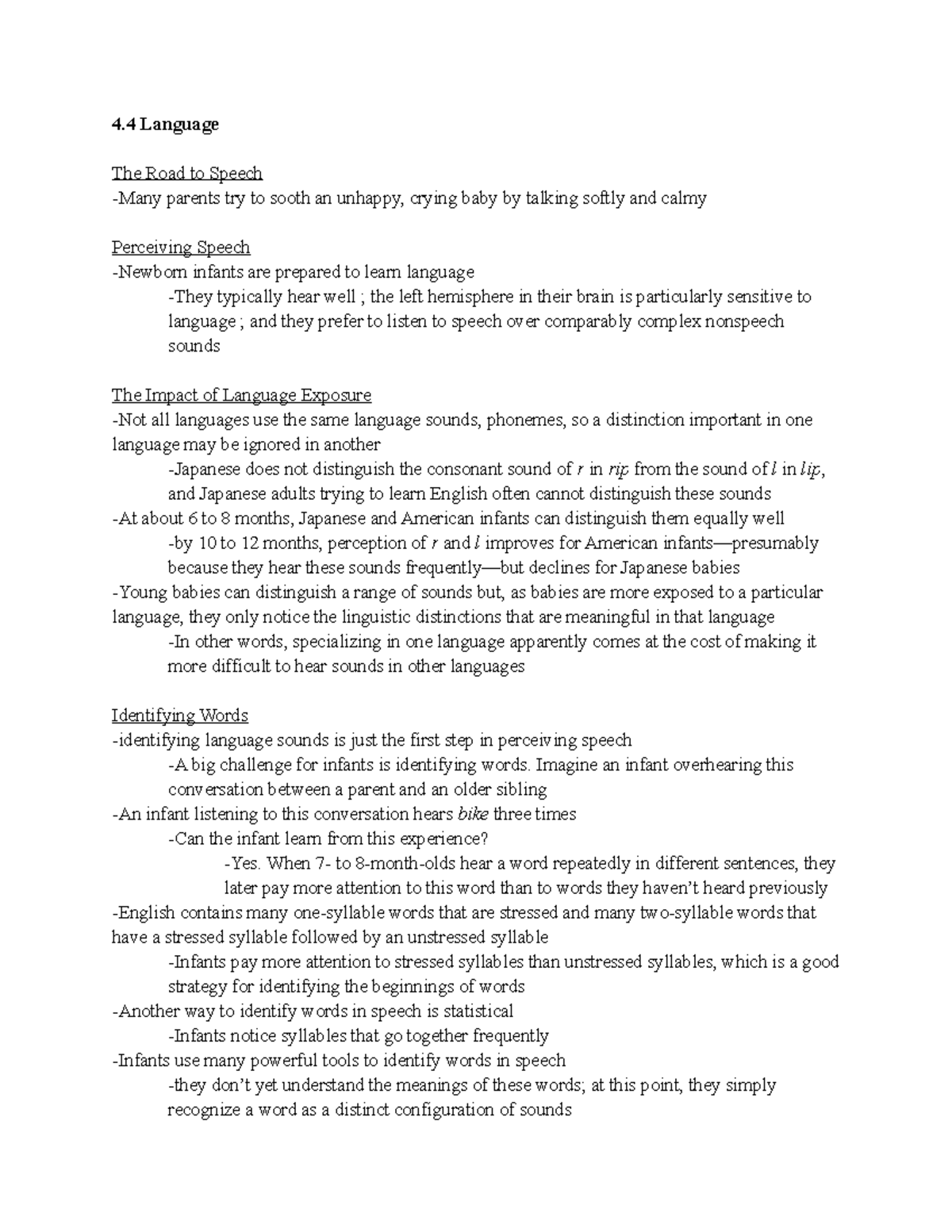 4.4 Language - Professor Welsh - 4 Language The Road to Speech Many ...