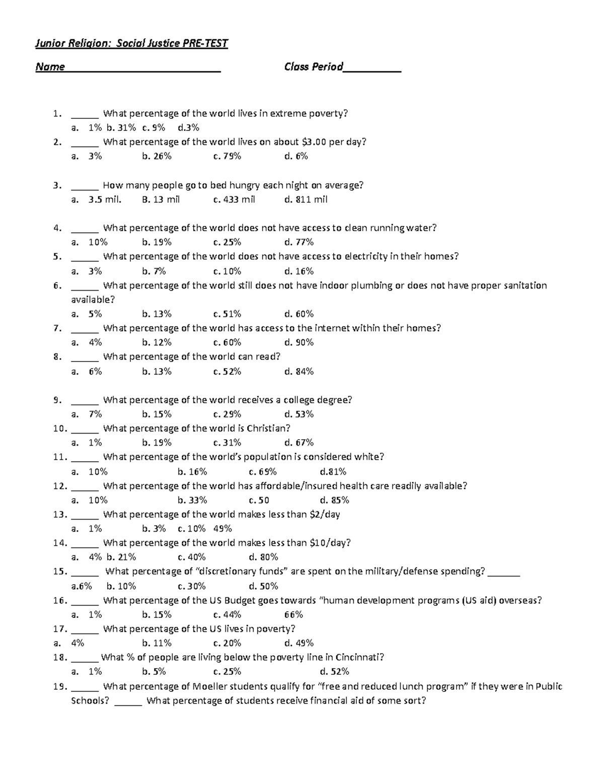 Social Justice PRE-TEST - 1% b. 31% c. 9% d% _____ What percentage of ...