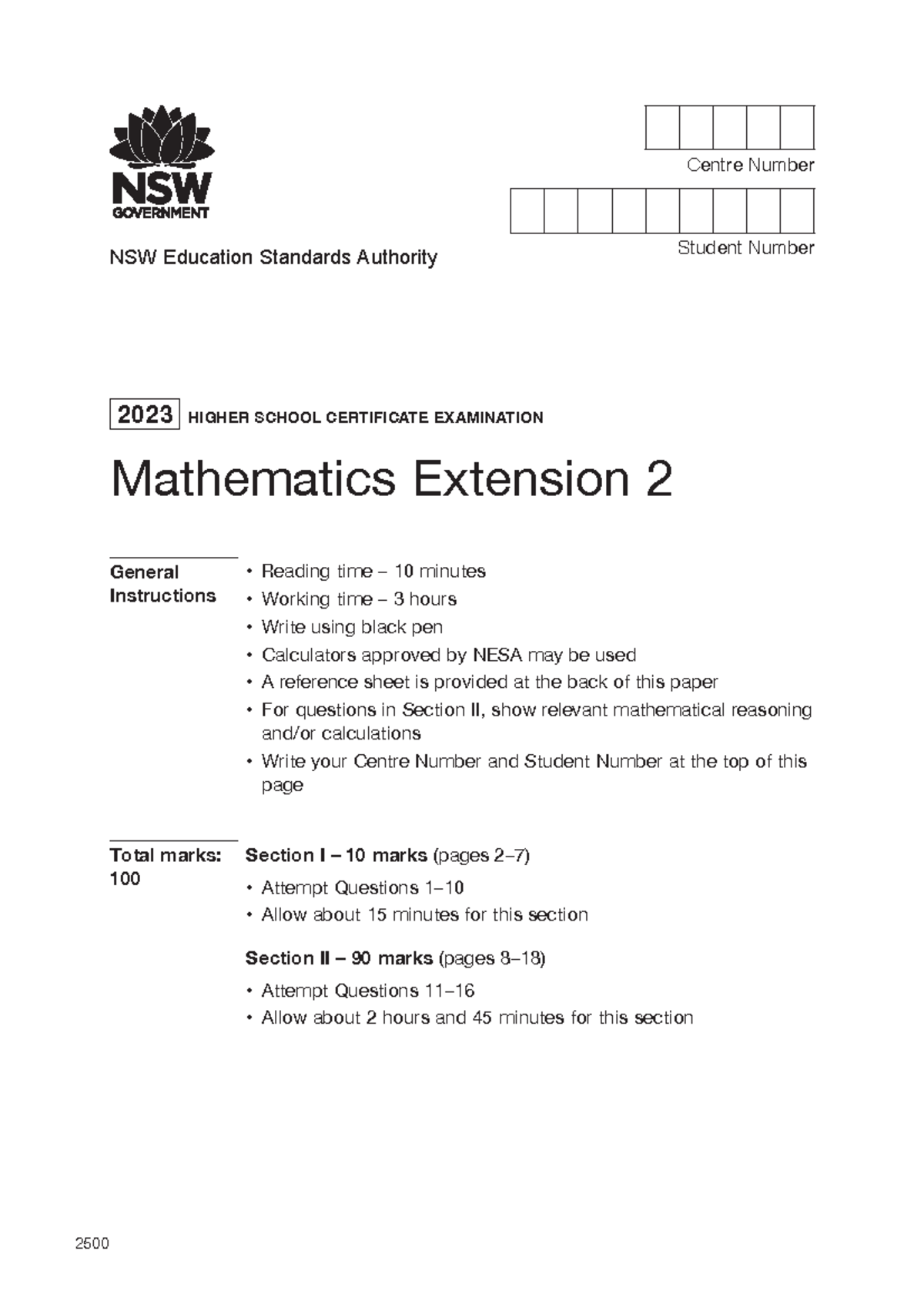 2023 hsc maths ext 2 - HSC Exam - Centre Number ####### NSW Education ...