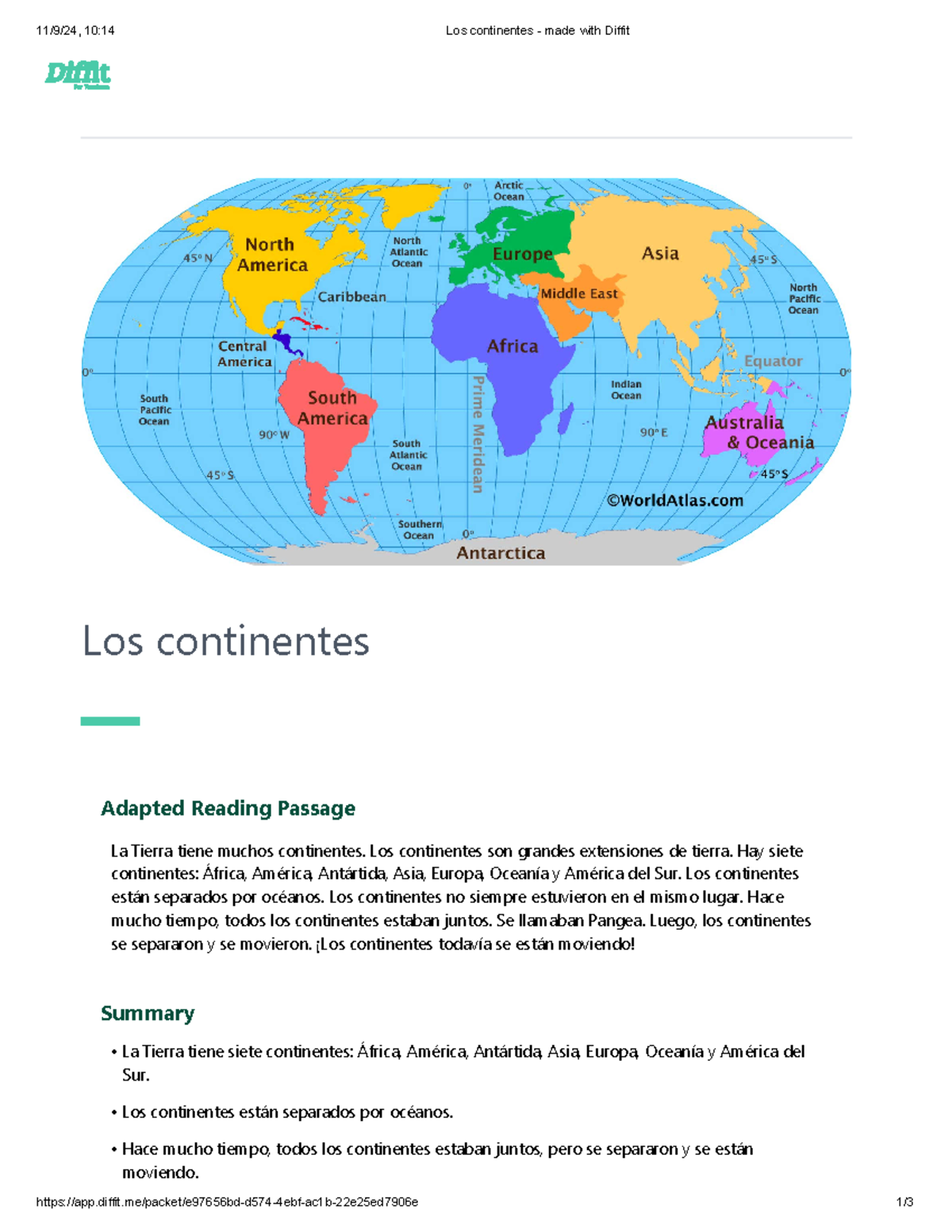 Los continentes - made with Diffit - Los continentes Adapted Reading ...