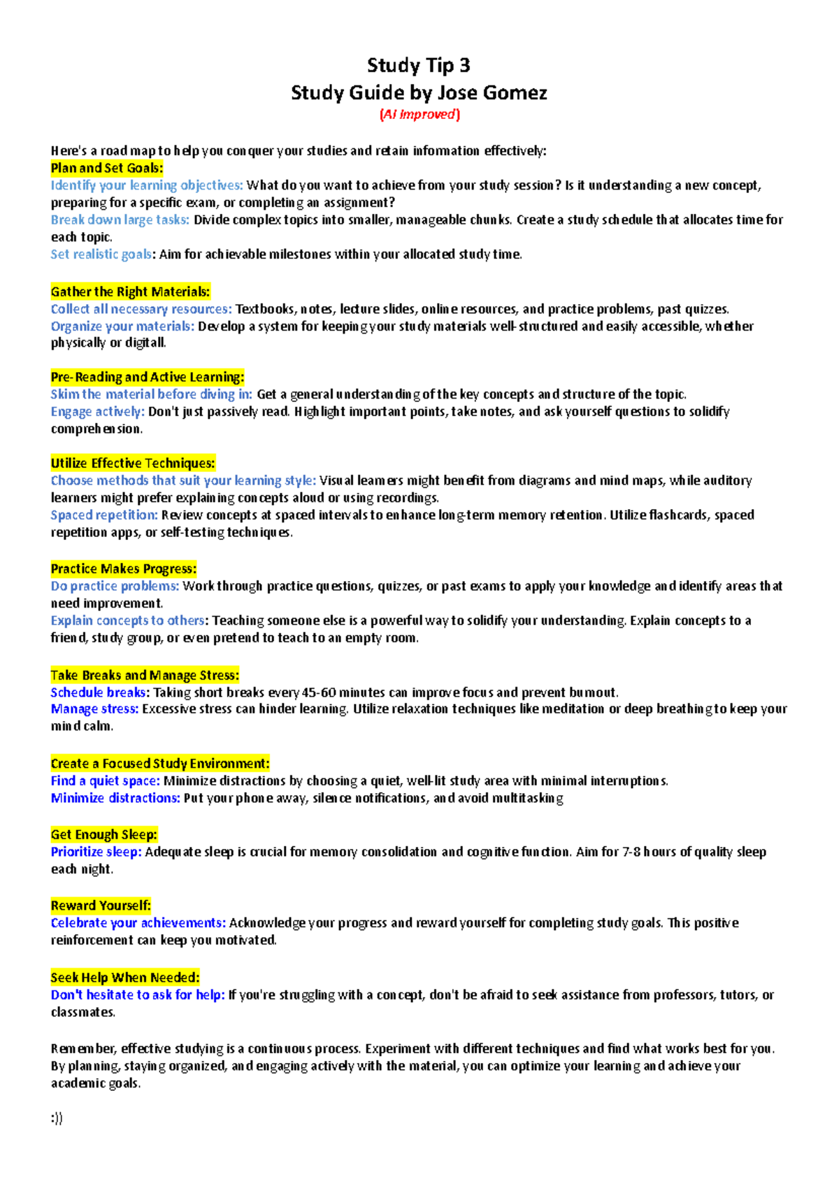 Study Tip 03 - Study Tip 3 Study Guide by Jose Gomez (AI Improved) Here ...