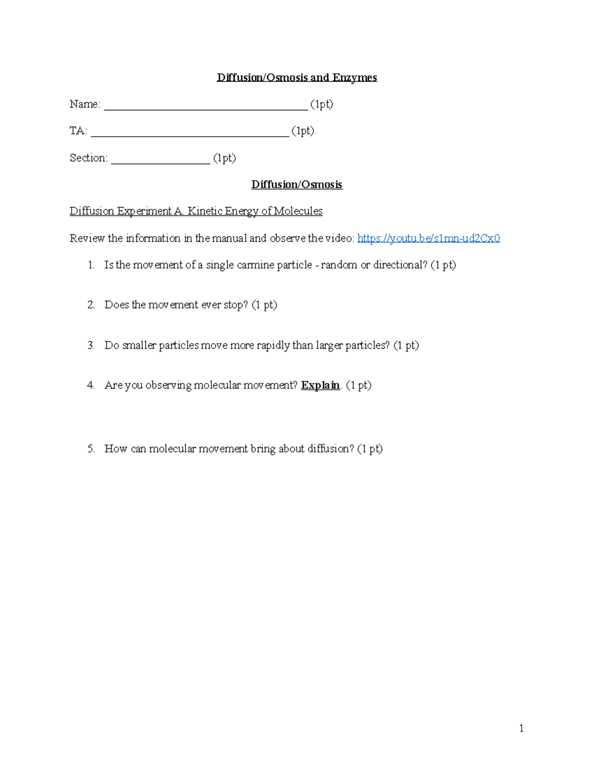 Diffusion Enzyme F22 Worksheet - Diffusion/Osmosis and Enzymes Name: - Studocu