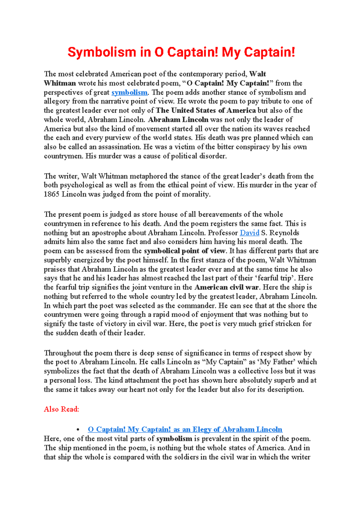 Symbolism in O Captain - The poem adds another stance of symbolism and ...