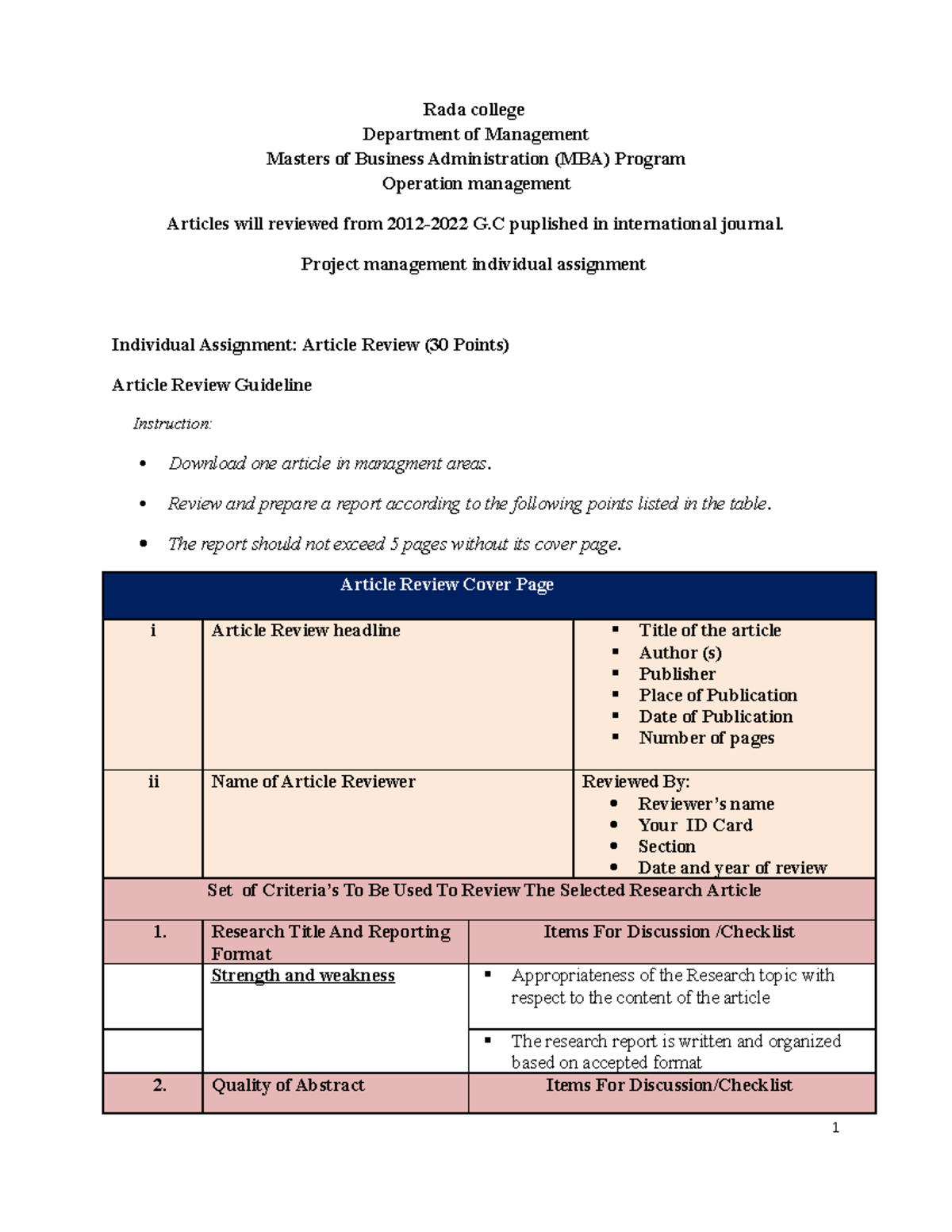 Article Review Guideline - Rada college Department of Management ...
