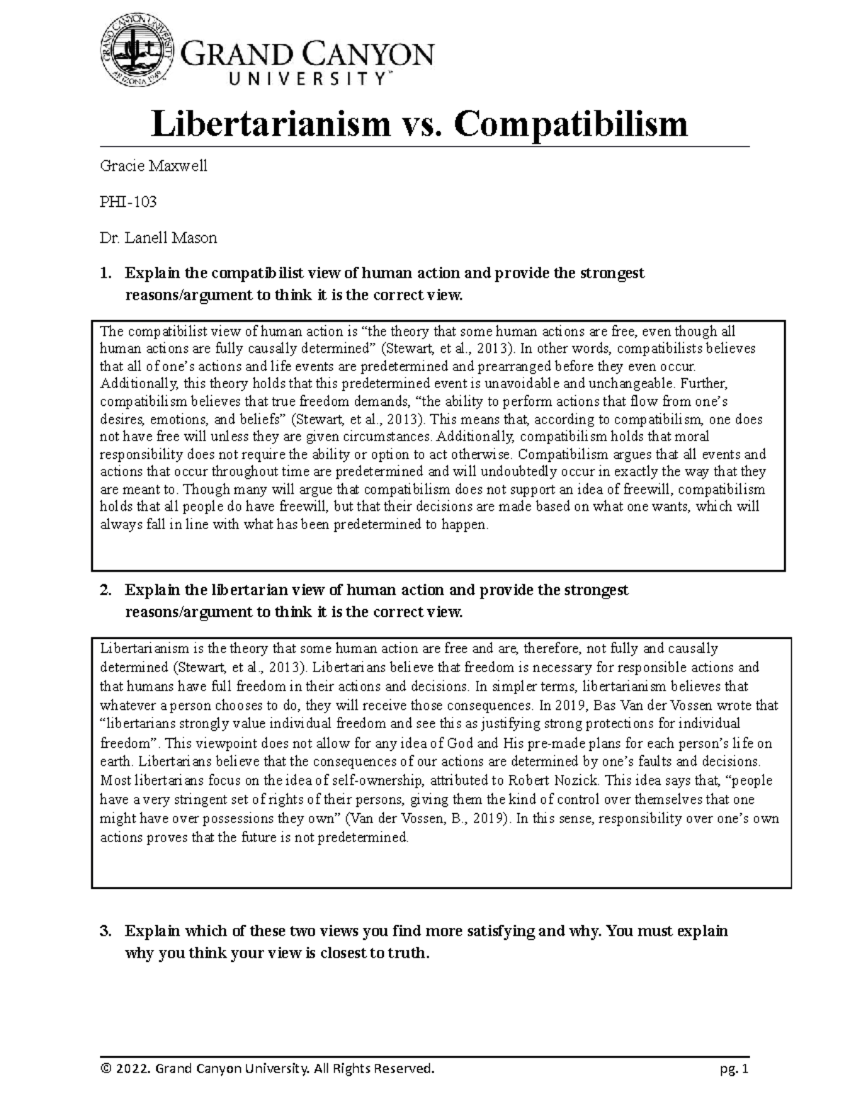 PHI 103 Libertarianism Compatibilism Worksheet - Libertarianism vs ...