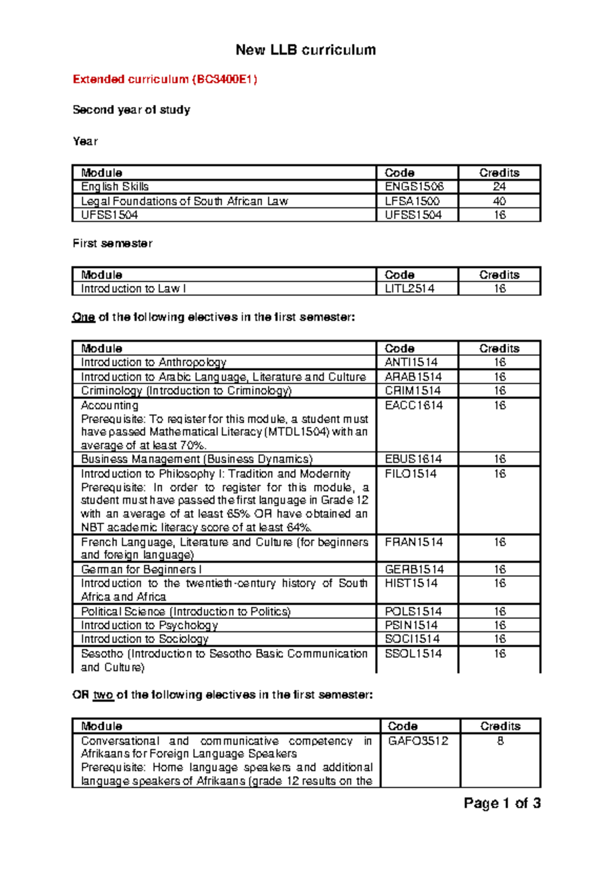 New LLB extended curriculum for second year of study - New LLB curriculum Page 1 of 3 Extended ...