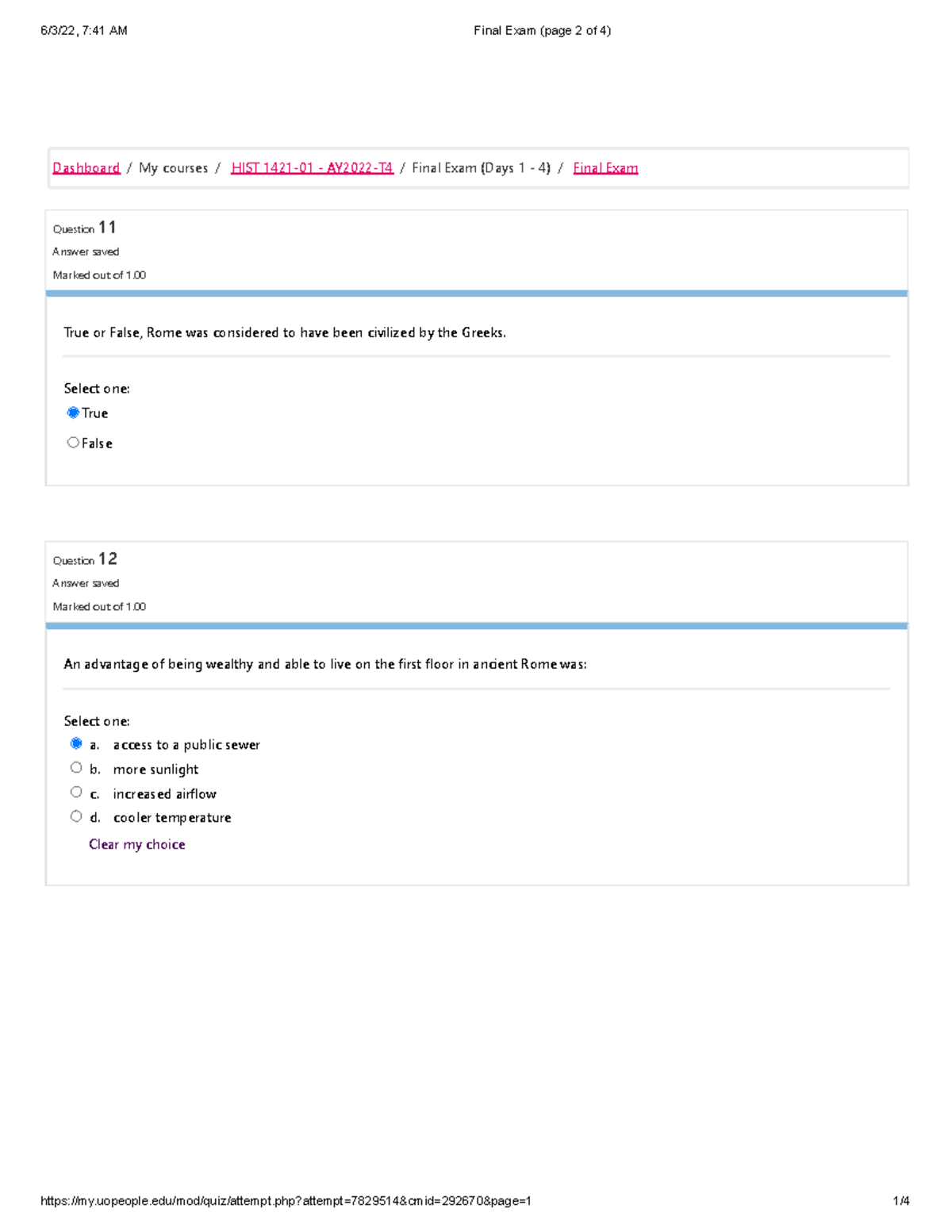 Final Exam (page 2 of 4) - Question 11 Answer saved Marked out of 1 ...