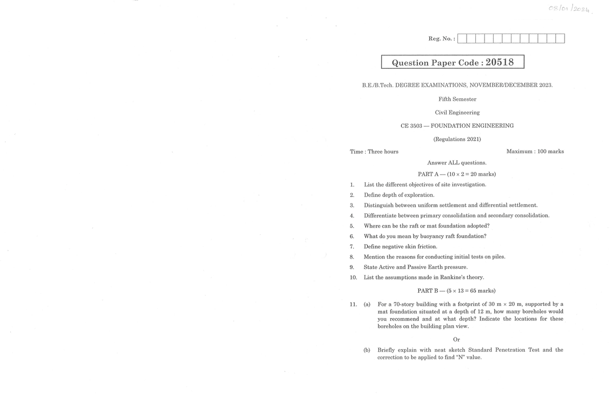 CE 3503 - Foundation Engineering R2021 - 2023 Nov - Reg. No. : Question ...