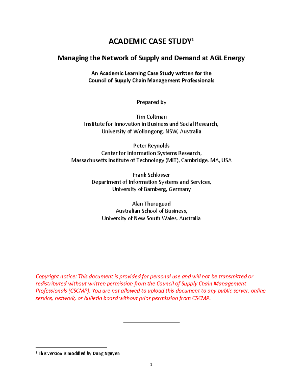 ALG Energy case study - ACADEMIC CASE STUDY 1 Managing the Network of Supply and Demand at AGL ...
